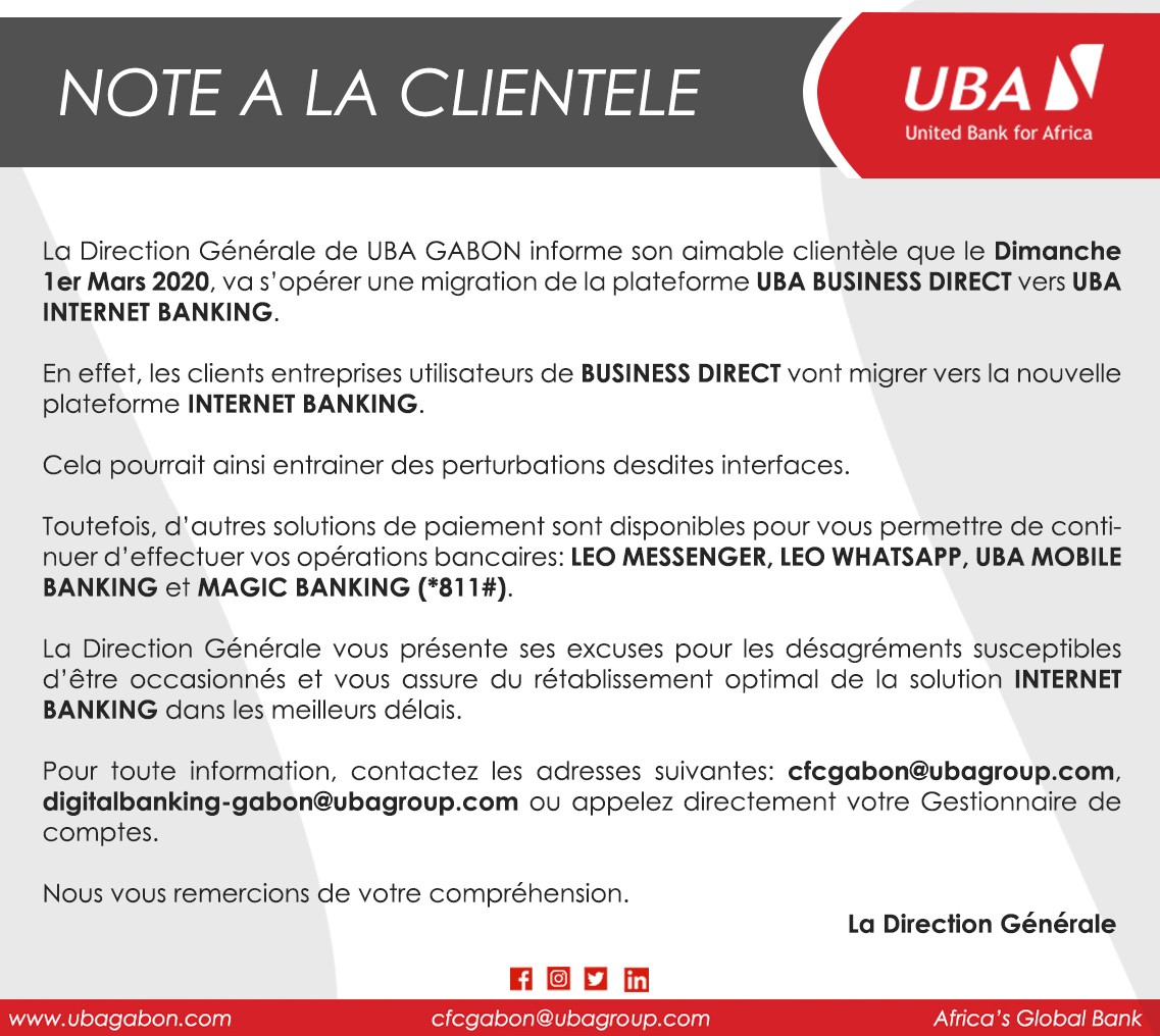 Migration de UBA Business Direct vers UBA Internet Banking - UBA Gabon