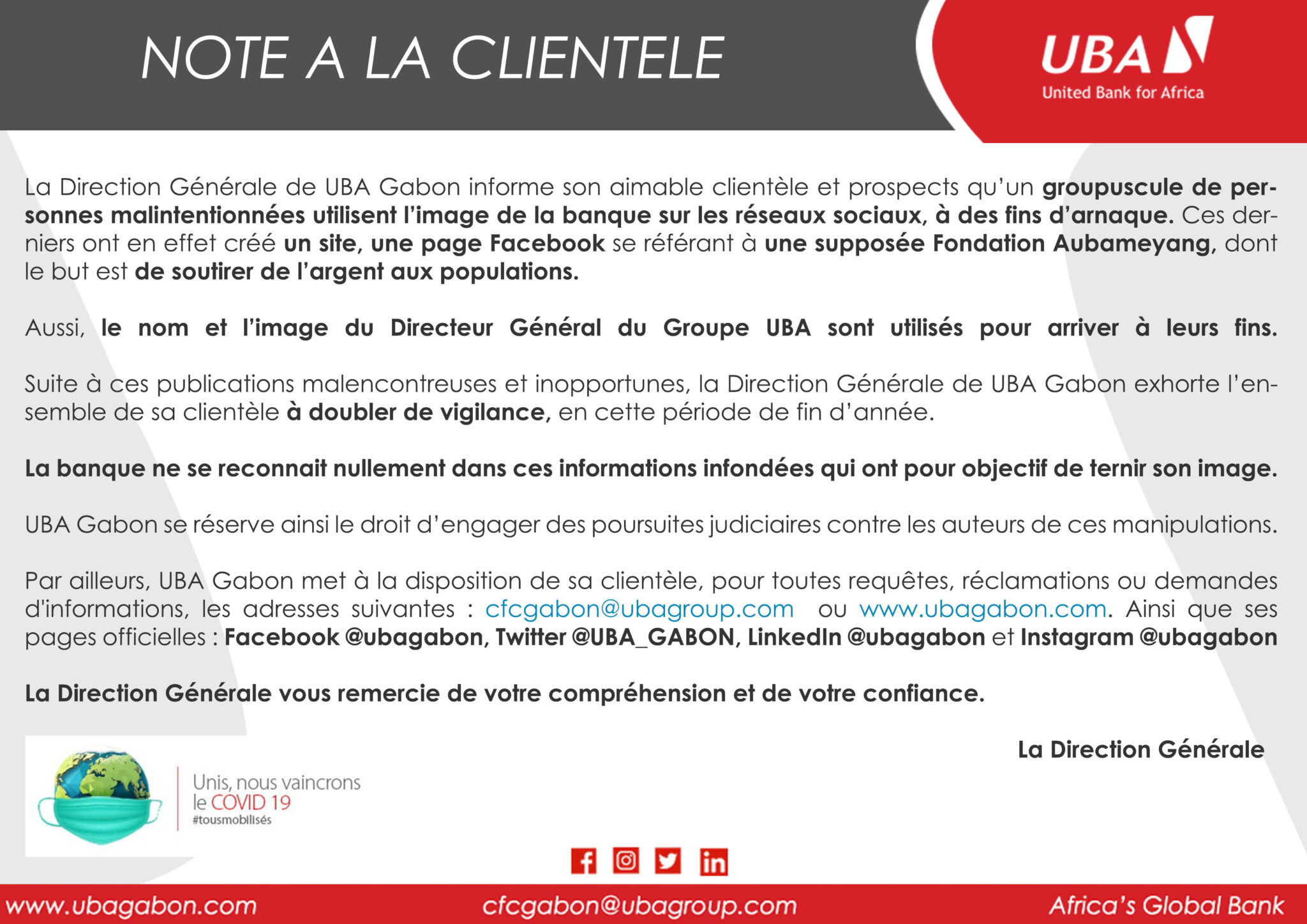 NOTES A LA CLIENTELE - UBA Gabon